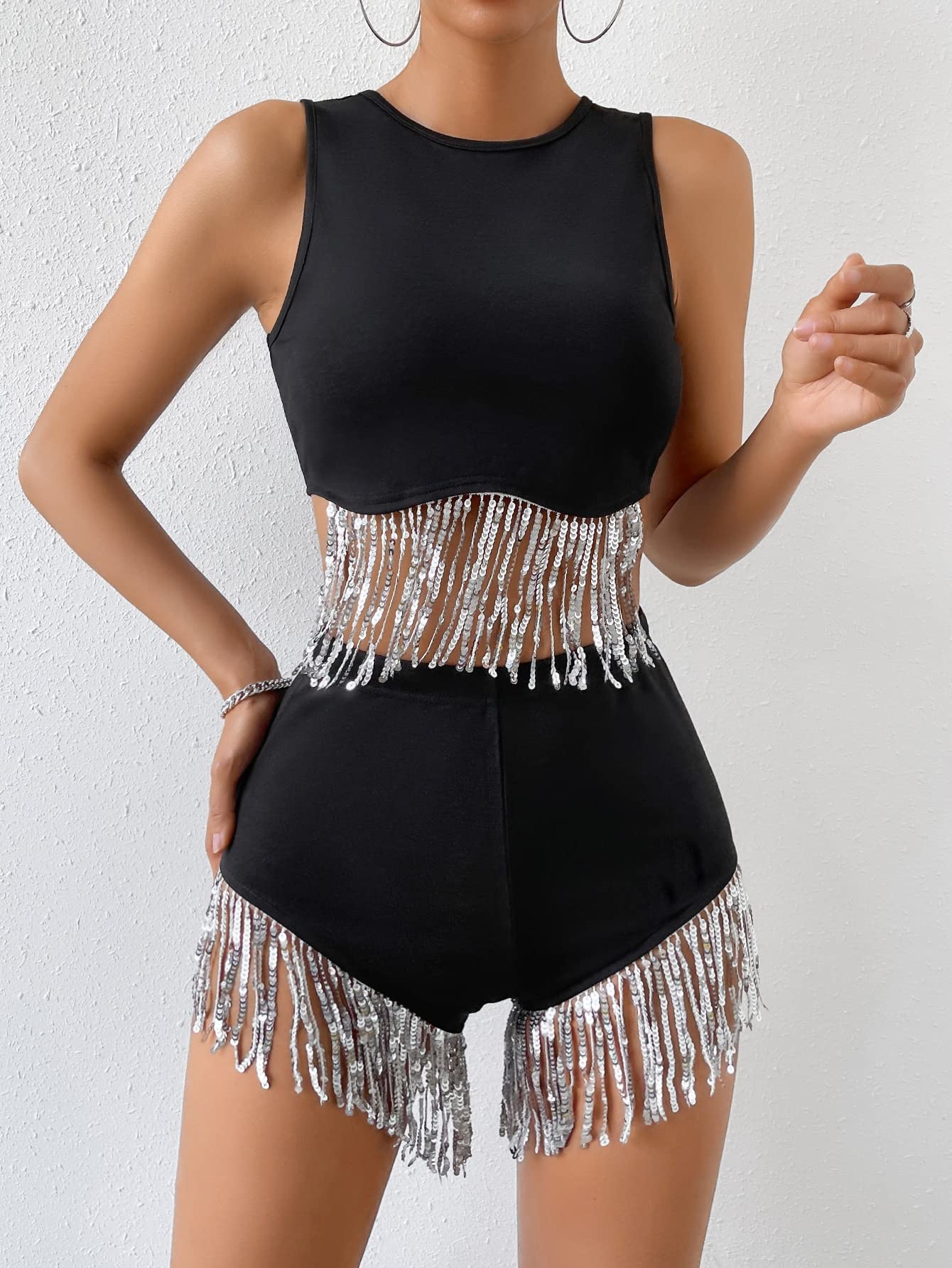 SweatyRocks Women's 2 Piece Party Outfits Sequins Fringe Trim Slim Fit Crop Tank Top and Shorts Set Black XL