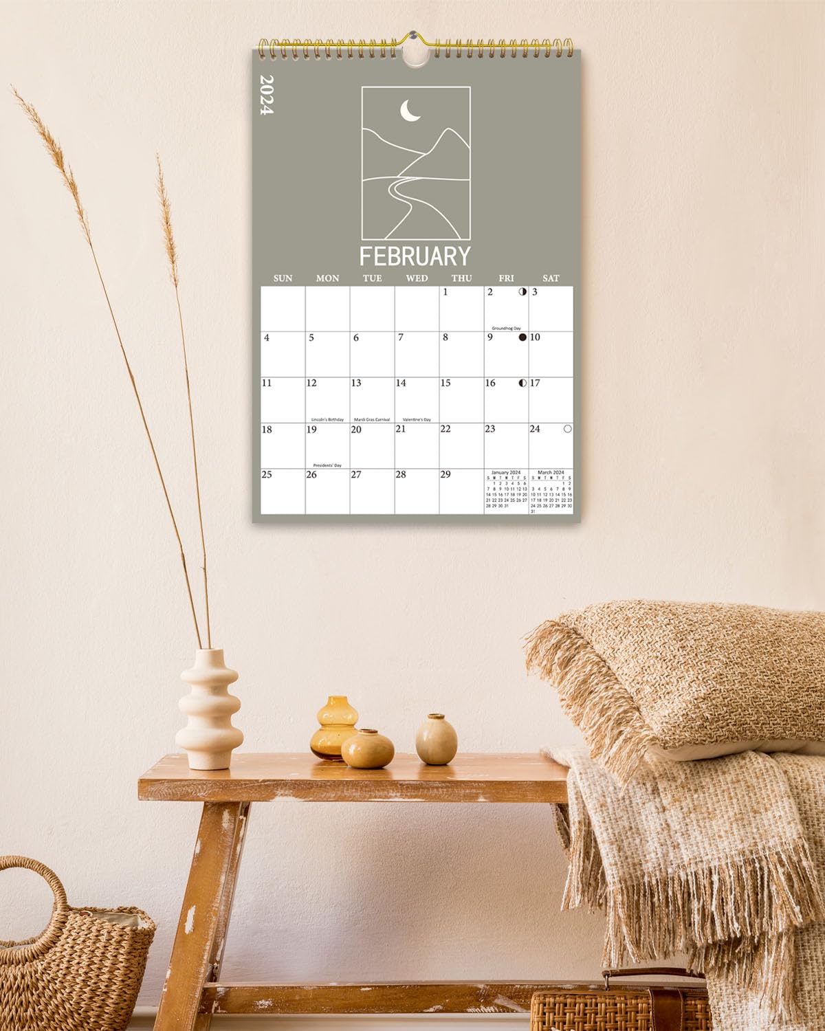 2024 Calendar - Wall Calendar From January 2024 to December 2024, 2024 Aesthetic Modern Boho Vertical Hanging Large Calendar with Moon Phases, Perfect for Monthly Organizing & Planning, 10"×14.5"