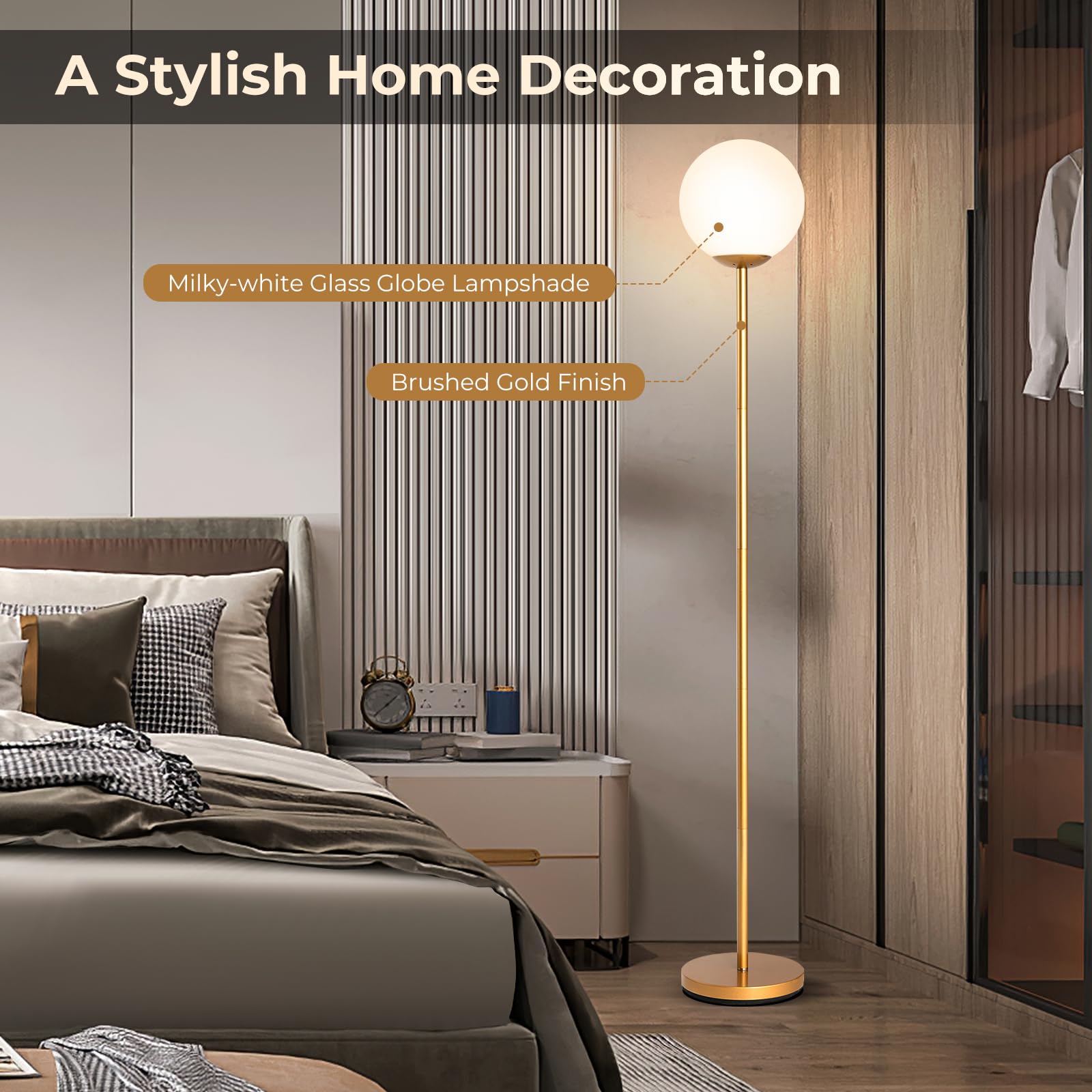 Tangkula Globe Floor Lamp, Mid Century Modern Standing Lamp with Acrylic Lampshade, Tall Pole Light for Living Room, Bedroom & Office (Gold)