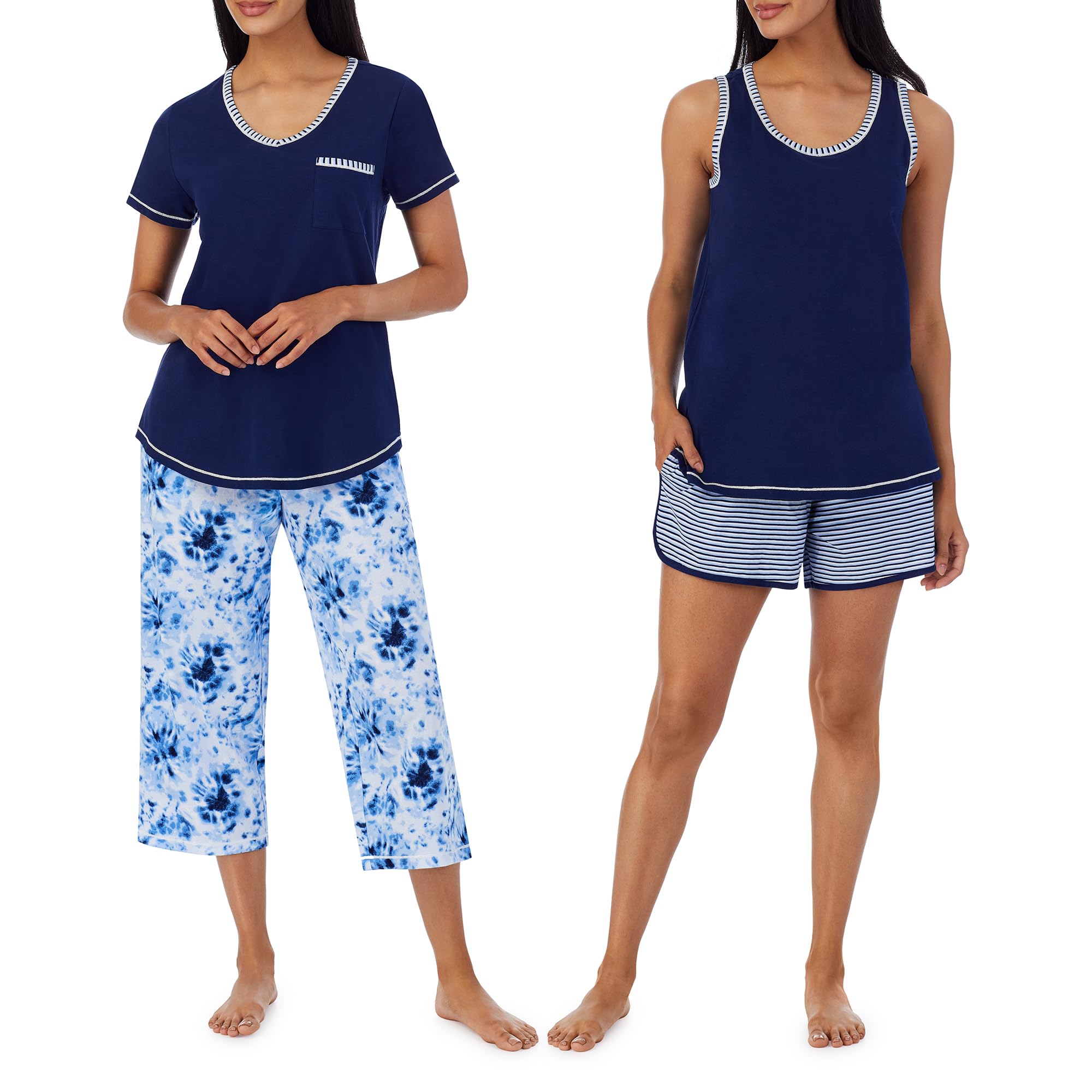 Carole Hochman Women's 4-Piece 100% Cotton Pajama Set – V-Neck T-Shirt, Tank, Capri Pants & Shorts with Drawstring & Pockets, Medieval Blue, X-Large