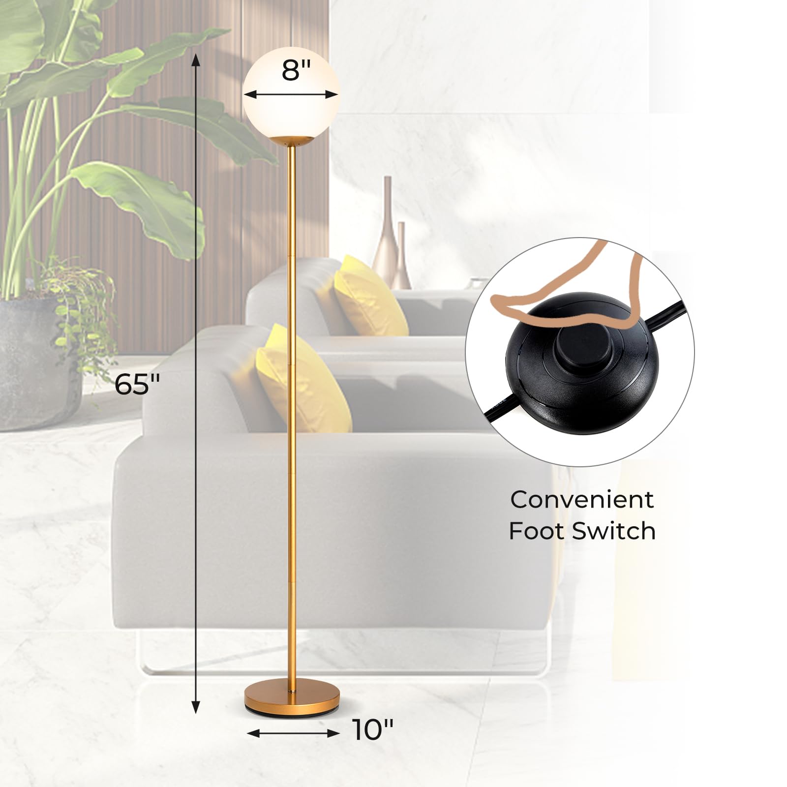 Tangkula Globe Floor Lamp, Mid Century Modern Standing Lamp with Acrylic Lampshade, Tall Pole Light for Living Room, Bedroom & Office (Gold)