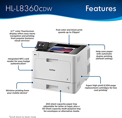 Brother HL-L8360CDW Business Color Laser Printer,33ppm, 2.7β Color Touch LCD, Auto 2-Sided Printing, Ethernet, NFC Connectivity, PCS USB Printer Cable