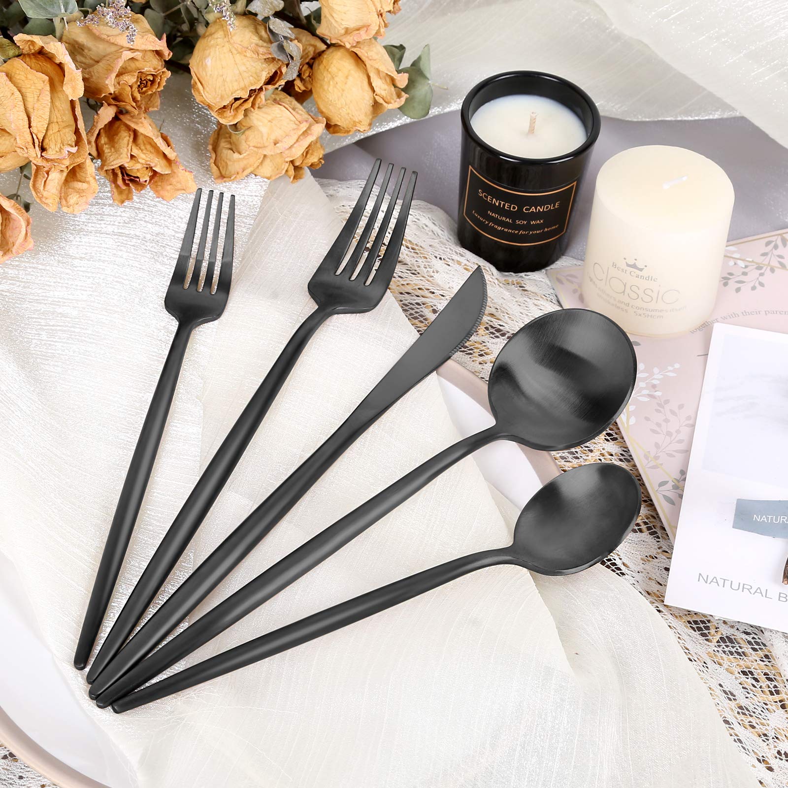 Matte Black Silverware Set 30 Pieces, FAMEWARE Stainless Steel Flatware Set,Service for 6,Kitchen Utensil Set, Tableware Cutlery Set, Satin Finished Polished & Dishwasher Safe