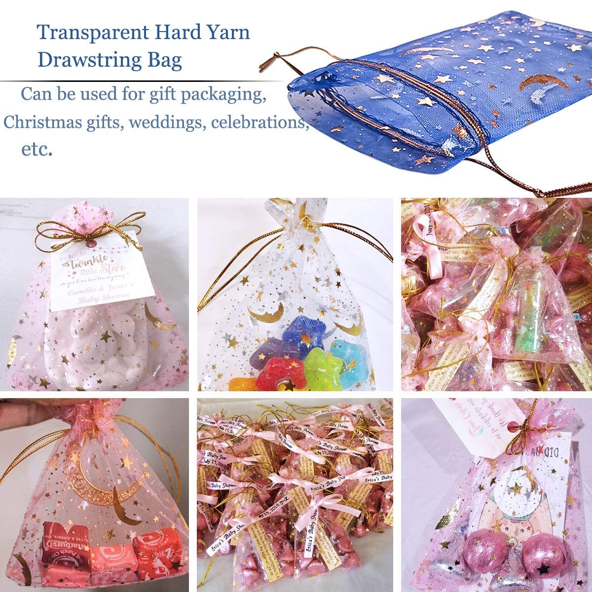 yuntop 100Pcs Moon Star Organza Jewelry Candy Pouch, Gift Bags Pouches for Wedding Party Valentine's Day (Mixed Color, 3.5 x 4.7 inch)