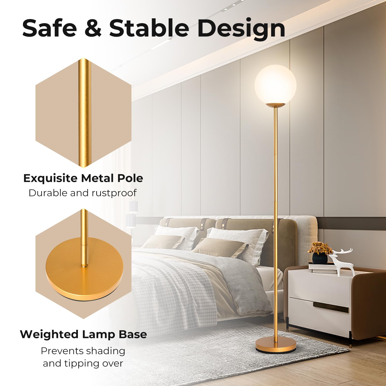 Tangkula Globe Floor Lamp, Mid Century Modern Standing Lamp with Acrylic Lampshade, Tall Pole Light for Living Room, Bedroom & Office (Gold)
