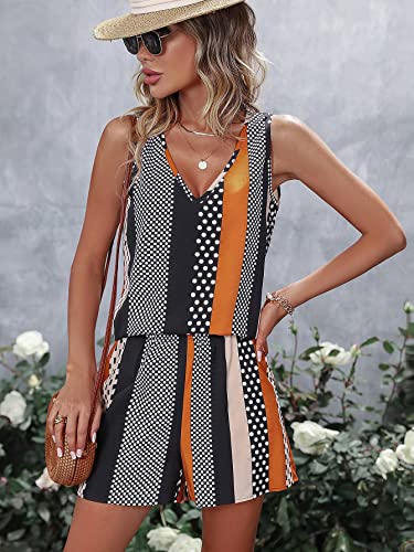 WDIRARA Women's Casual Camisole Two-Piece Outfits Summer Sleeveless V Neck Polka Dot Print Tank Top & Shorts Multicolor XL