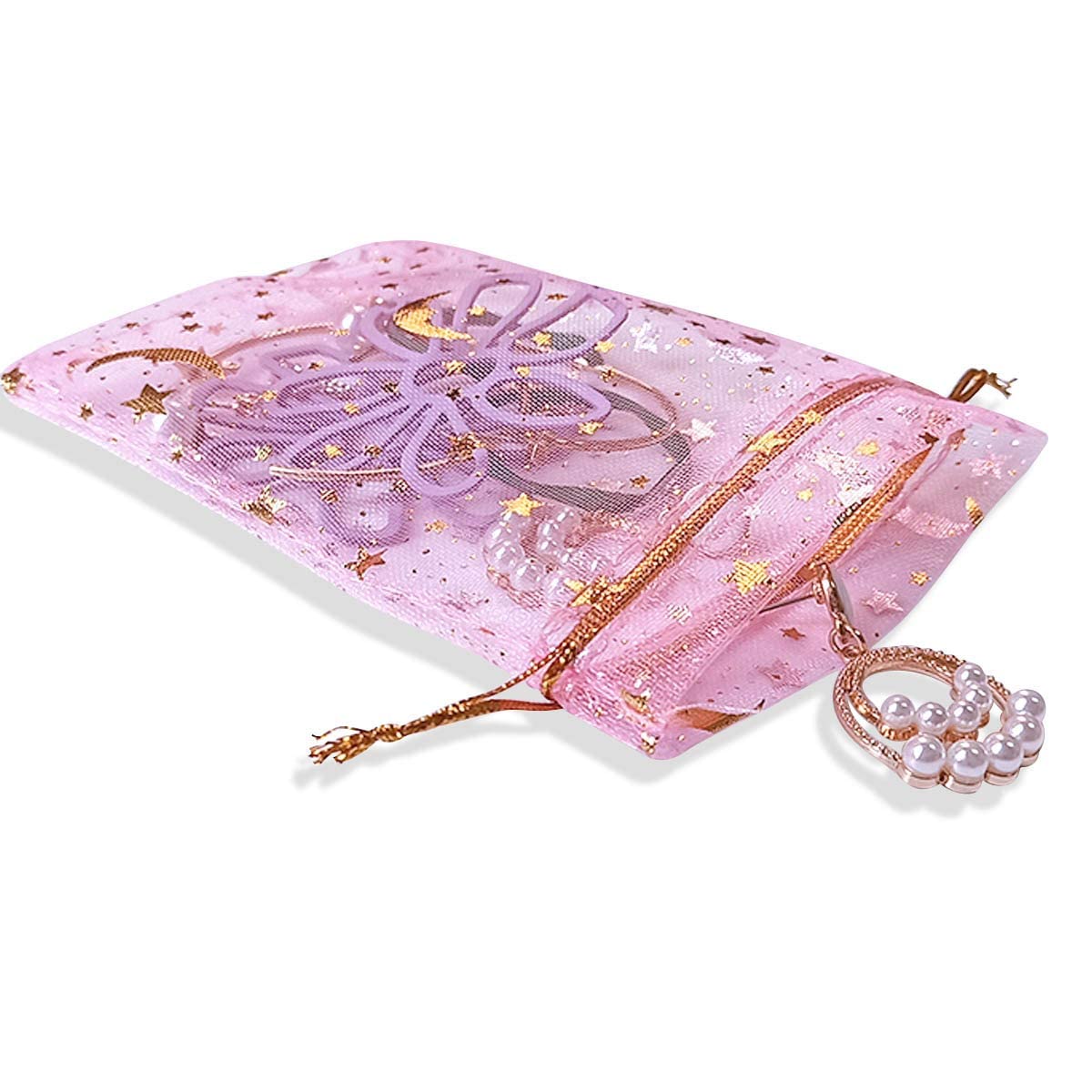 yuntop 100Pcs Moon Star Organza Jewelry Candy Pouch, Gift Bags Pouches for Wedding Party Valentine's Day (Mixed Color, 3.5 x 4.7 inch)
