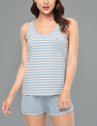 COLORFULLEAF Womens Cotton Pajamas Set Racerback Tank Top and Shorts Pjs Sets Sexy Sleeveless Sleepwear (Light Blue, XL)
