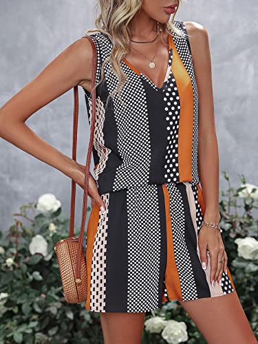 WDIRARA Women's Casual Camisole Two-Piece Outfits Summer Sleeveless V Neck Polka Dot Print Tank Top & Shorts Multicolor XL