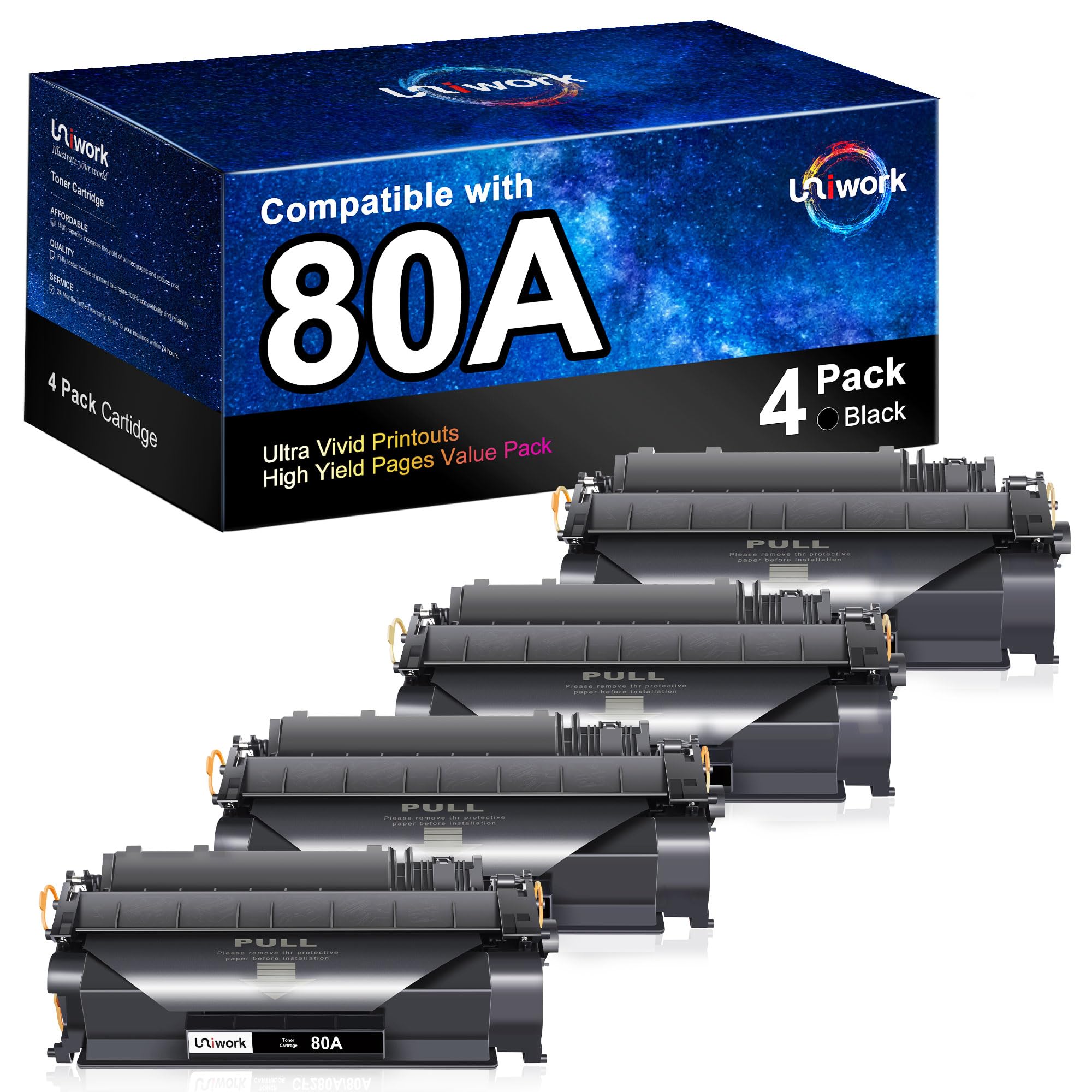 Uniwork Compatible Toner Cartridge Replacement for HP 80A CF280A 80X CF280X 05A CE505A for Laserjet Pro 400 M401A M401D M401N M401DN M401DNE M401DW, MFP M425DN Printer Tray (4 Black)