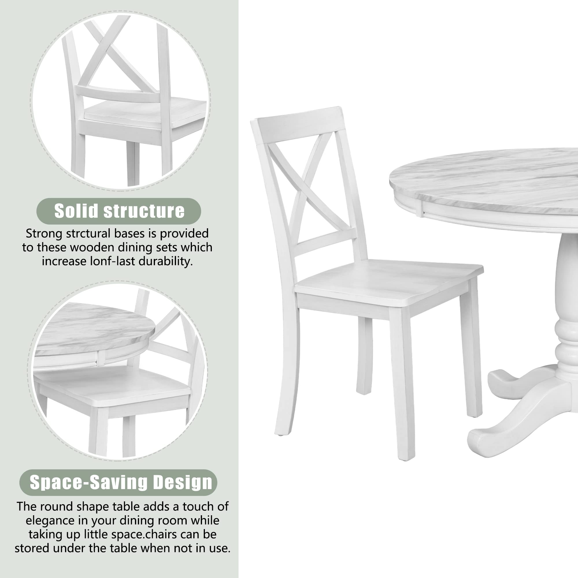 Merax 5-Piece Round Table and Chairs Set with Marble Veneer Top and Wood Frame for Dining Room, White(New)