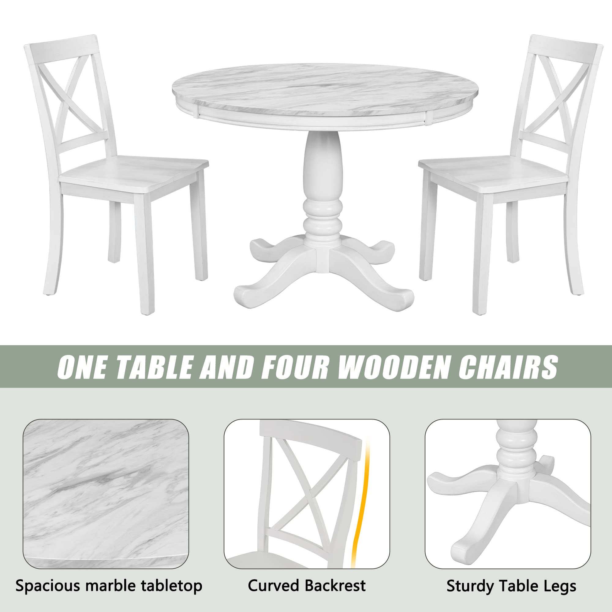 Merax 5-Piece Round Table and Chairs Set with Marble Veneer Top and Wood Frame for Dining Room, White(New)