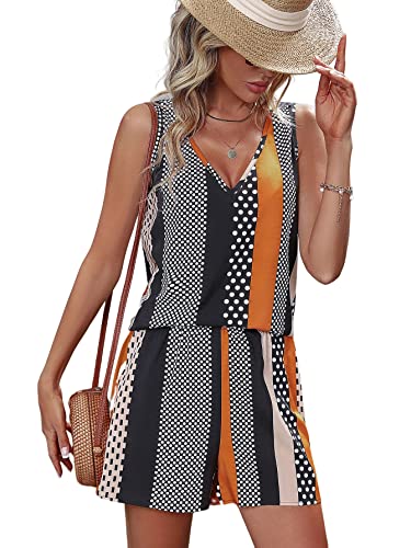 WDIRARA Women's Casual Camisole Two-Piece Outfits Summer Sleeveless V Neck Polka Dot Print Tank Top & Shorts Multicolor XL