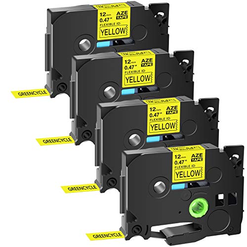 GREENCYCLE 4 Pack Compatible for Brother AZe-FX631 TZ-FX631 Black on Yellow Flexible ID Tape for Wire Cable 1/2 inch x 26.2 ft 12mm x 8m Work with Ptouch PT-P750W PT-P700 PT-D210 PT-D600 Label Maker