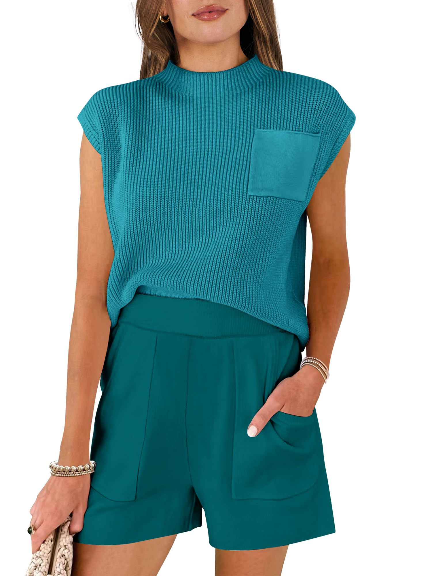 Caracilia 2 Piece Lounge Sets for Women 2024 Summer Short Sleeve Sweaters and Shorts Matching Sets Clothing Casual Fashion Deep Deep Green X-Large
