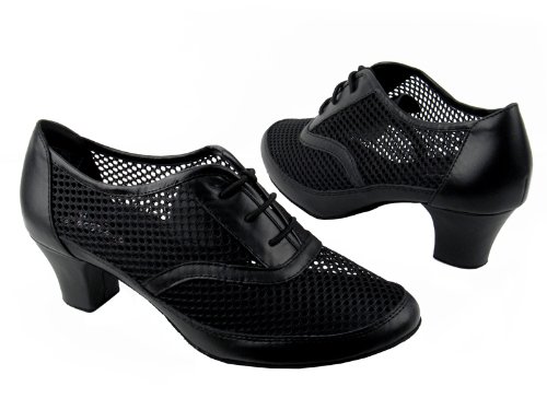 Very Fine Dancesport Shoes - Comfortable Ladies Latin, Salsa Ballroom Practice Dance Shoes - CD1108 Black Leather 2-inch Heel & Shoe Bag (Size 6)