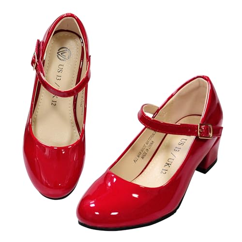 LseLom Girls Dress Shoes Mary Jane Shoes for Girls Low Heel Princess Hook and Loop Dance Shoes Party Wedding Flats for Big Girls Red Big Kid 2