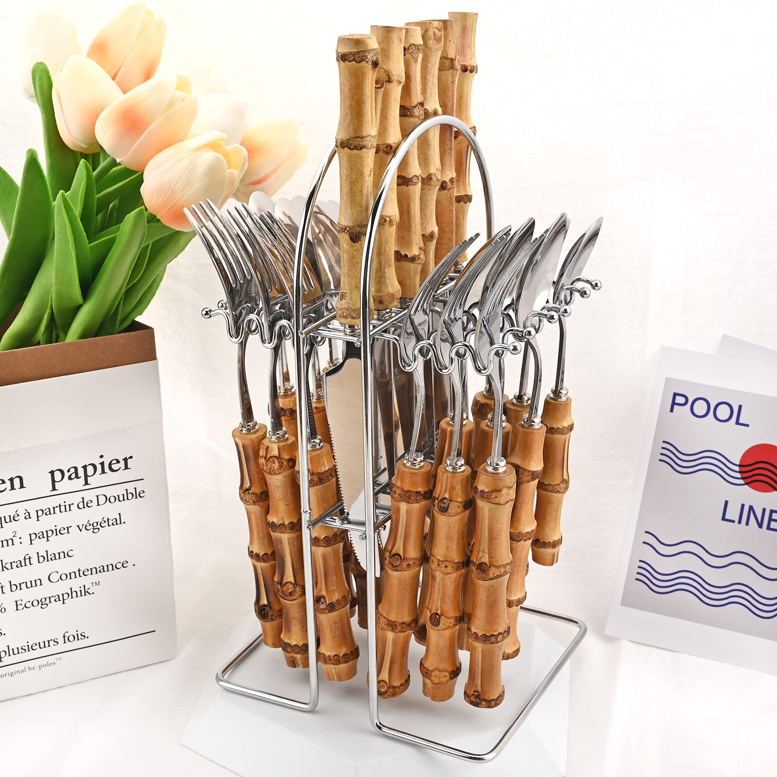 Snplowum 24-Piece Bamboo Flatware Set, Silver Stainless Steel Tableware Set With Cutlery Holder, Kitchen Utensils For Home And Restaurant Daily Use, Mirror Polish, Service For 6