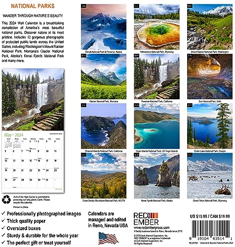 RED EMBER Untamed & Beautiful National Parks 2024 Wall Calendar 12 Month | 12" x 24" Open | Thick & Sturdy Paper | Giftable | Calendar 2024