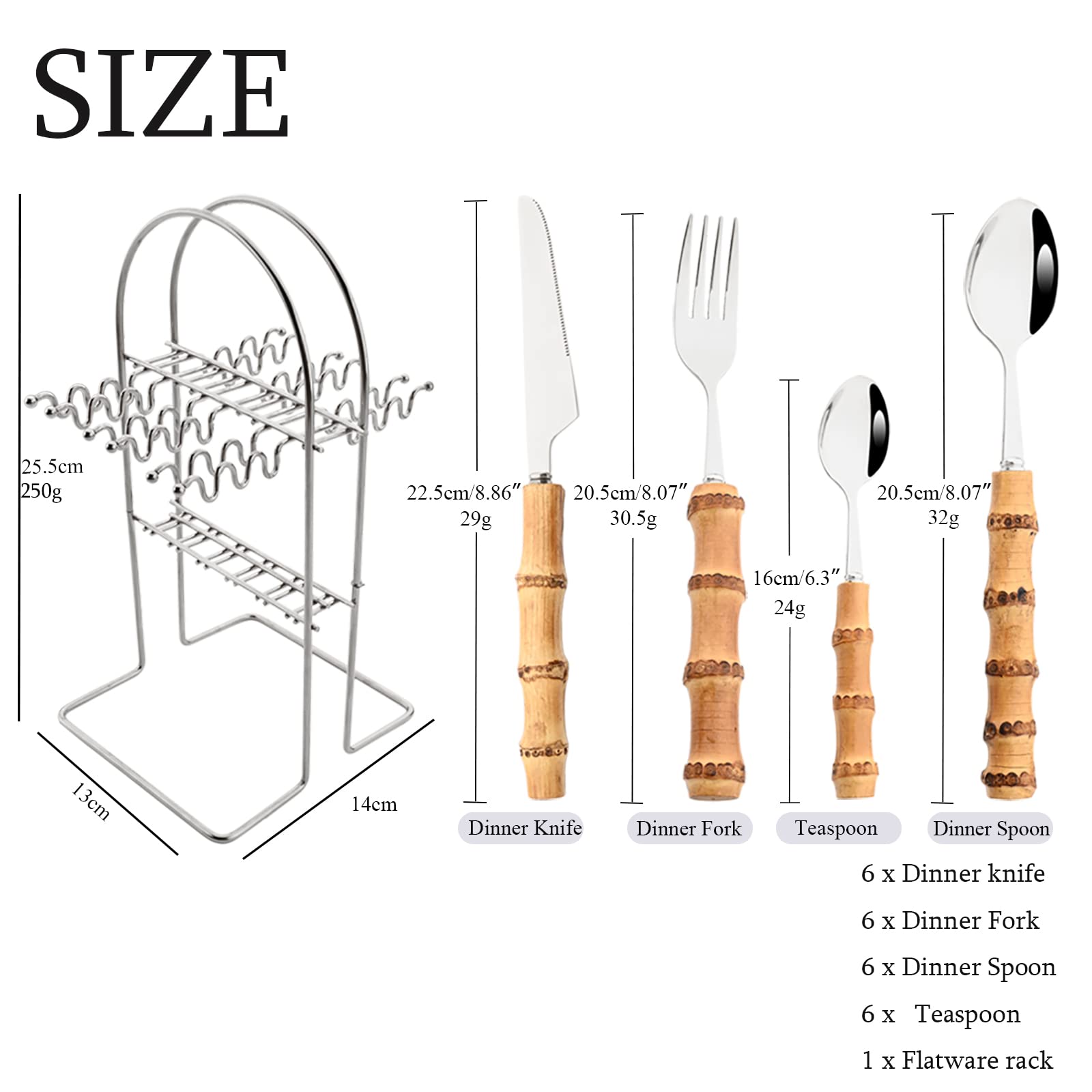 Snplowum 24-Piece Bamboo Flatware Set, Silver Stainless Steel Tableware Set With Cutlery Holder, Kitchen Utensils For Home And Restaurant Daily Use, Mirror Polish, Service For 6
