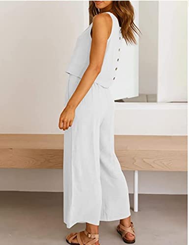 Meyhad Womens Cotton Linen 2 Piece Outfits Crop Tank Tops Wide Leg Pants Set Casual Lounge Sets(0350-White-XL)