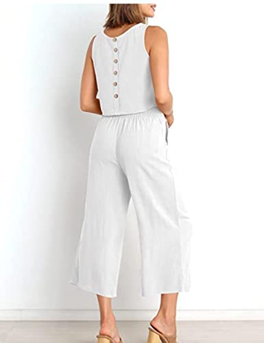 Meyhad Womens Cotton Linen 2 Piece Outfits Crop Tank Tops Wide Leg Pants Set Casual Lounge Sets(0350-White-XL)