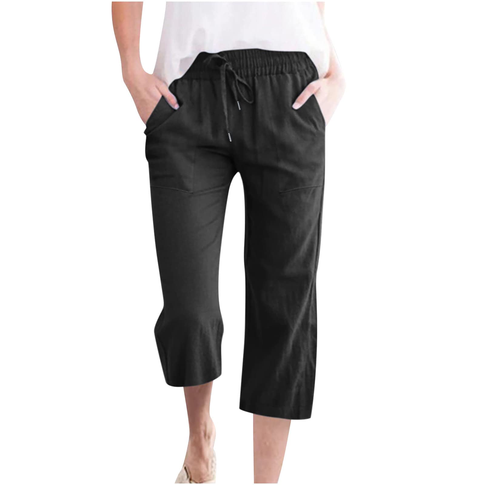 DASAYO Coupons and Promo Codes for Prime Linen Pants Women Summer 2023 Elastic Waist Drawstring Solid Color Loose Fit Capris Fashion Casual Cropped Pant Linen Pants Black L