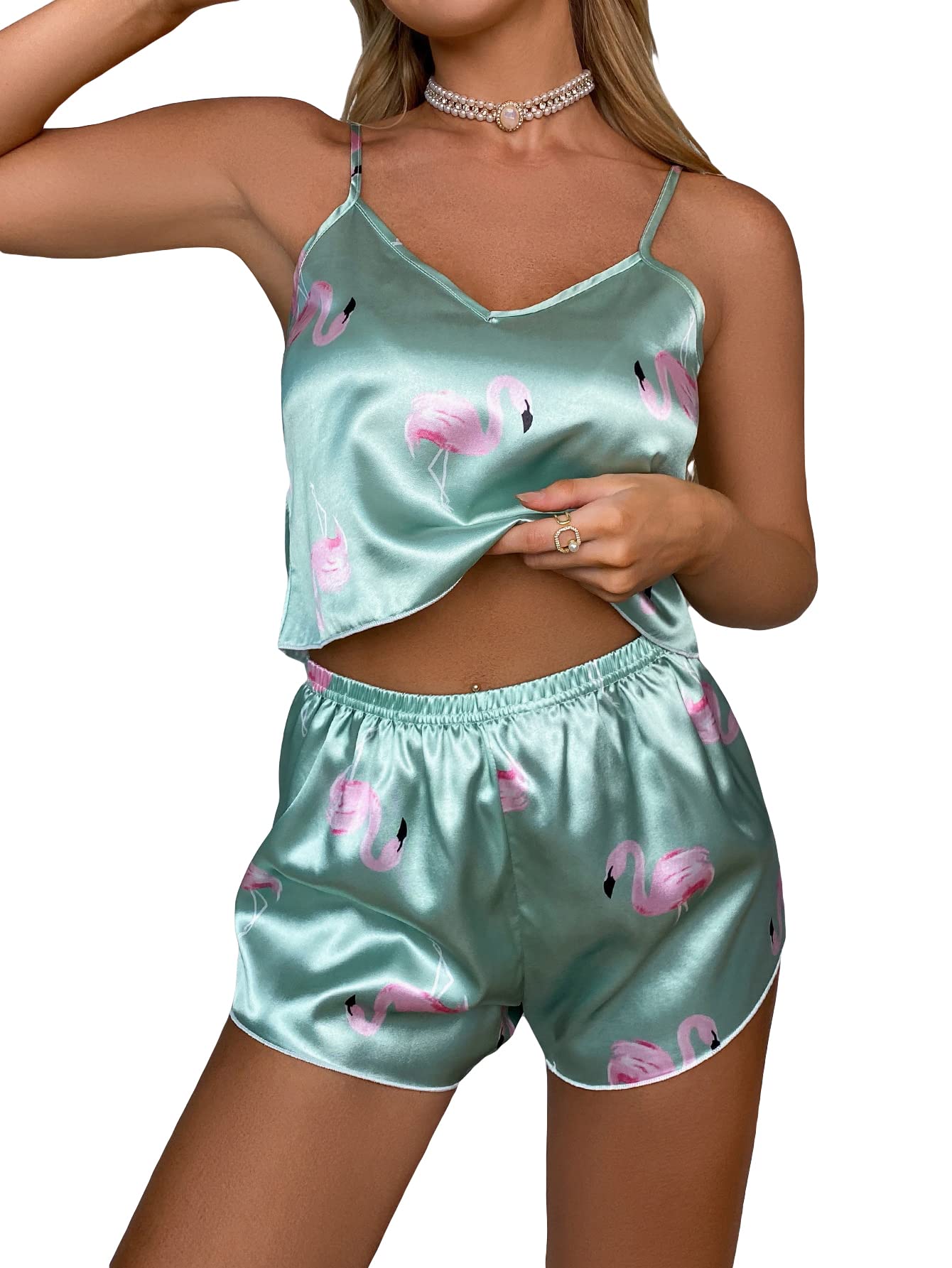 WDIRARA Women's 2 Pc Flamingo Print Satin Cami Tank Top and Shorts Pj Set Loungewear Mint Green XL