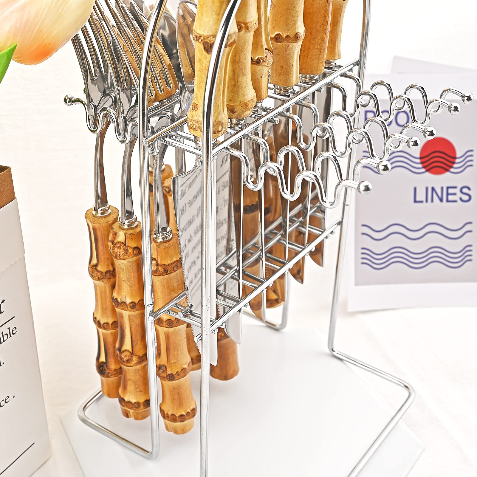 Snplowum 24-Piece Bamboo Flatware Set, Silver Stainless Steel Tableware Set With Cutlery Holder, Kitchen Utensils For Home And Restaurant Daily Use, Mirror Polish, Service For 6