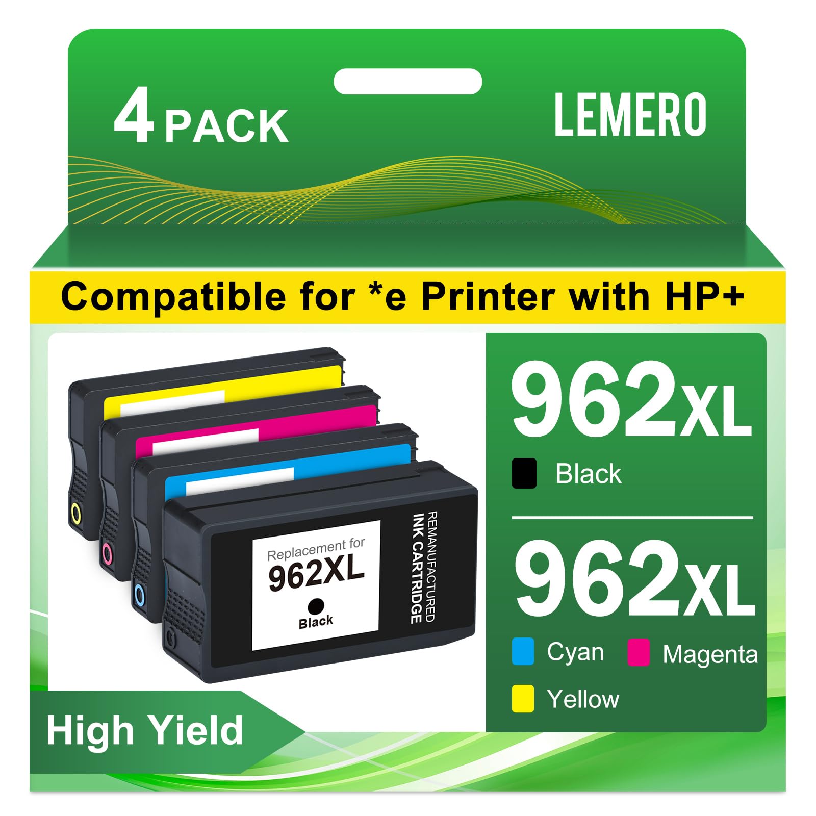 LEMERO Remanufactured Ink Cartridge Replacement for HP 962XL 962 962 XL to use with OfficeJet Pro 9015 9015e 9010 9025 9025e 9020 9018 9012 9028 (Black, Cyan, Magenta, Yellow, 4-Pack)
