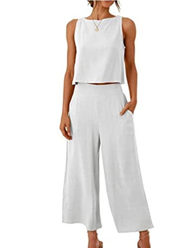 Meyhad Womens Cotton Linen 2 Piece Outfits Crop Tank Tops Wide Leg Pants Set Casual Lounge Sets(0350-White-XL)
