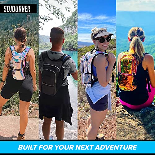 SOJOURNER Rave Hydration Pack Backpack - 2L Water Bladder Included for Festivals, Raves, Hiking, Biking, Climbing, Running and More (Medium) (Holographic - Pink)