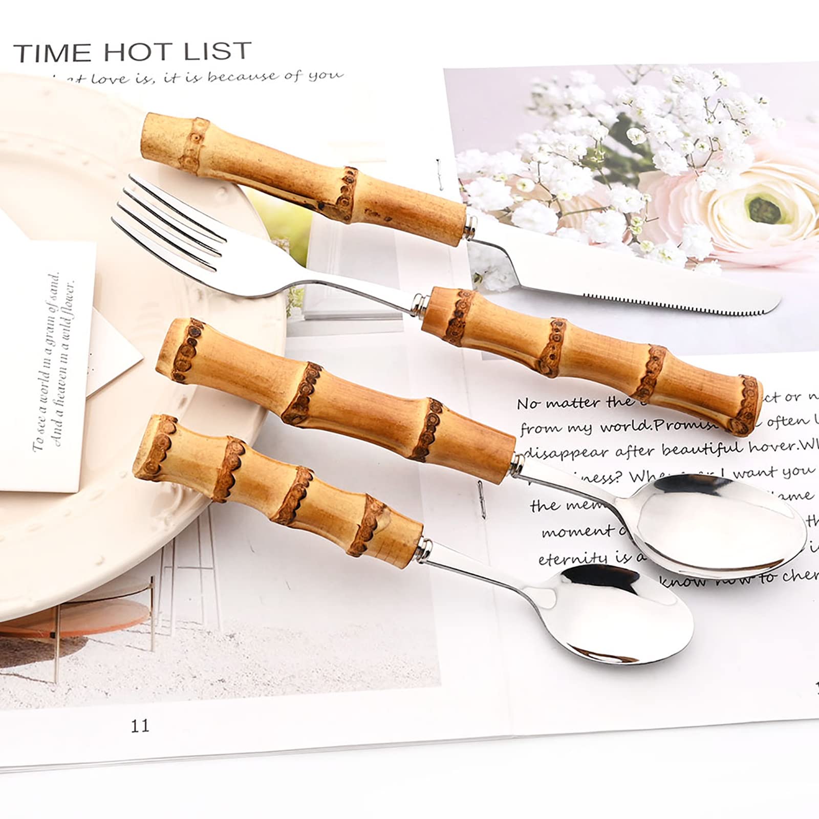 Snplowum 24-Piece Bamboo Flatware Set, Silver Stainless Steel Tableware Set With Cutlery Holder, Kitchen Utensils For Home And Restaurant Daily Use, Mirror Polish, Service For 6
