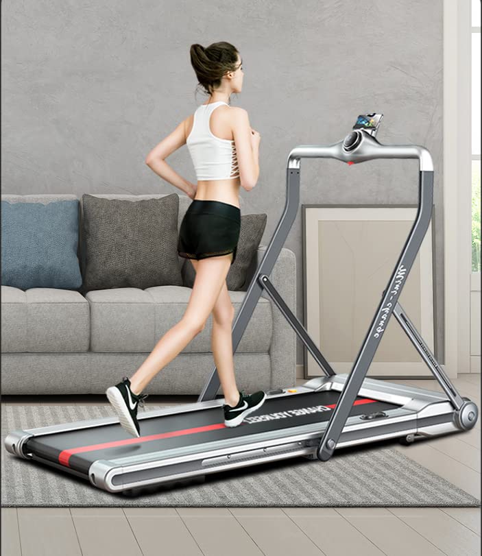 RHYTHM FUN Treadmill 2-in-1 Folding Treadmill Under Desk Walking Treadmill with Foldable Handrail Wide Tread Belt Super Slim Mini Quiet Home Treadmill with Smart Remote Control and Workout App(Sliver)