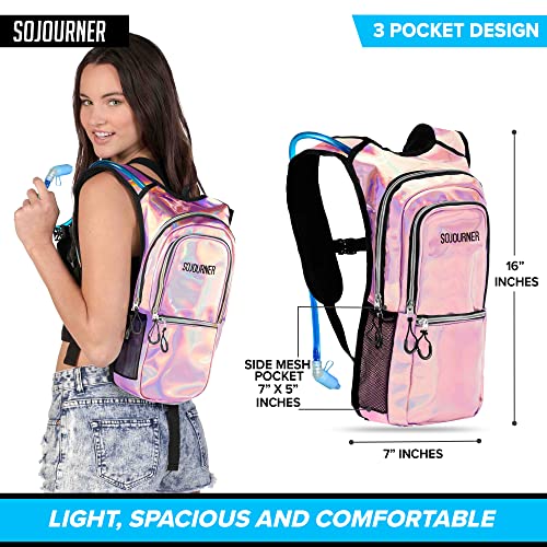SOJOURNER Rave Hydration Pack Backpack - 2L Water Bladder Included for Festivals, Raves, Hiking, Biking, Climbing, Running and More (Medium) (Holographic - Pink)
