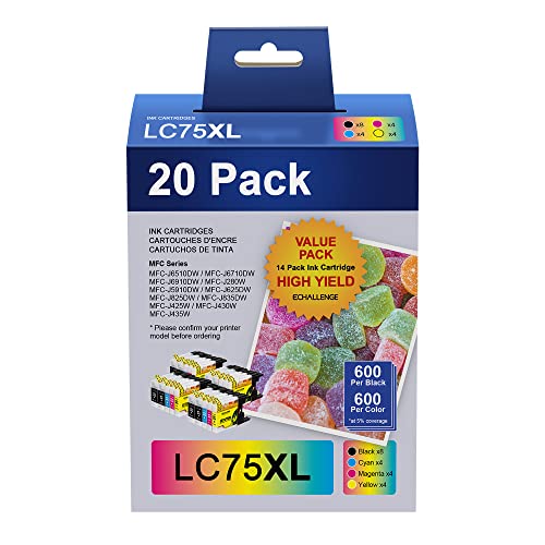 LC75 LC71 High Yield Compatible Ink Cartridge Replacement for Brother LC75 LC71 LC79 XL Ink cartridges to Use with MFC-J6510DW MFC-J6710DW MFC J6910DW J280W (8 Black, 4 Cyan, 4 Magenta, 4 Yellow)