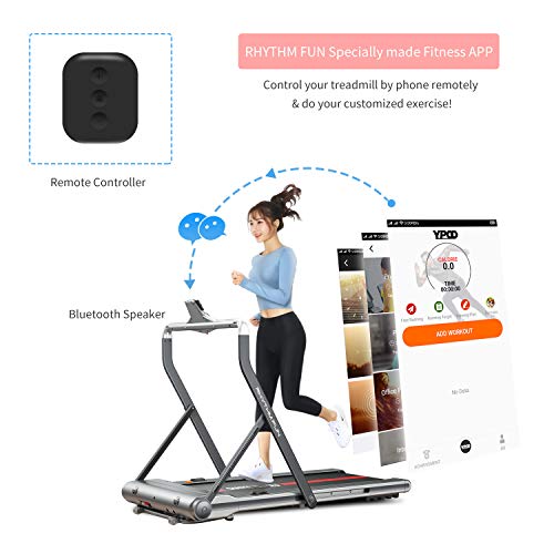 RHYTHM FUN Treadmill 2-in-1 Folding Treadmill Under Desk Walking Treadmill with Foldable Handrail Wide Tread Belt Super Slim Mini Quiet Home Treadmill with Smart Remote Control and Workout App(Sliver)