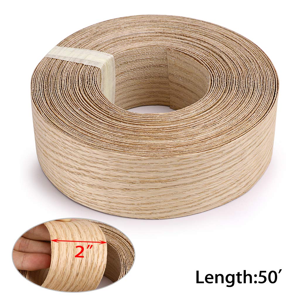 Skelang Red Oak Wood Veneer Edge Banding Preglued Iron-On with Hot Melt Adhesive Edgebanding Flexible Wood Tape (2" x 50')