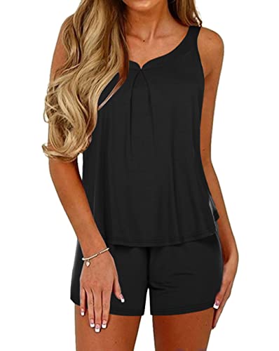 Ekouaer Pajamas Sets for Women Tank Tops with Shorts Sleepwear Nightwear Pj Set S-XXXL Black