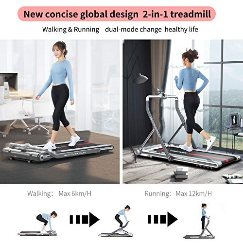 RHYTHM FUN Treadmill 2-in-1 Folding Treadmill Under Desk Walking Treadmill with Foldable Handrail Wide Tread Belt Super Slim Mini Quiet Home Treadmill with Smart Remote Control and Workout App(Sliver)