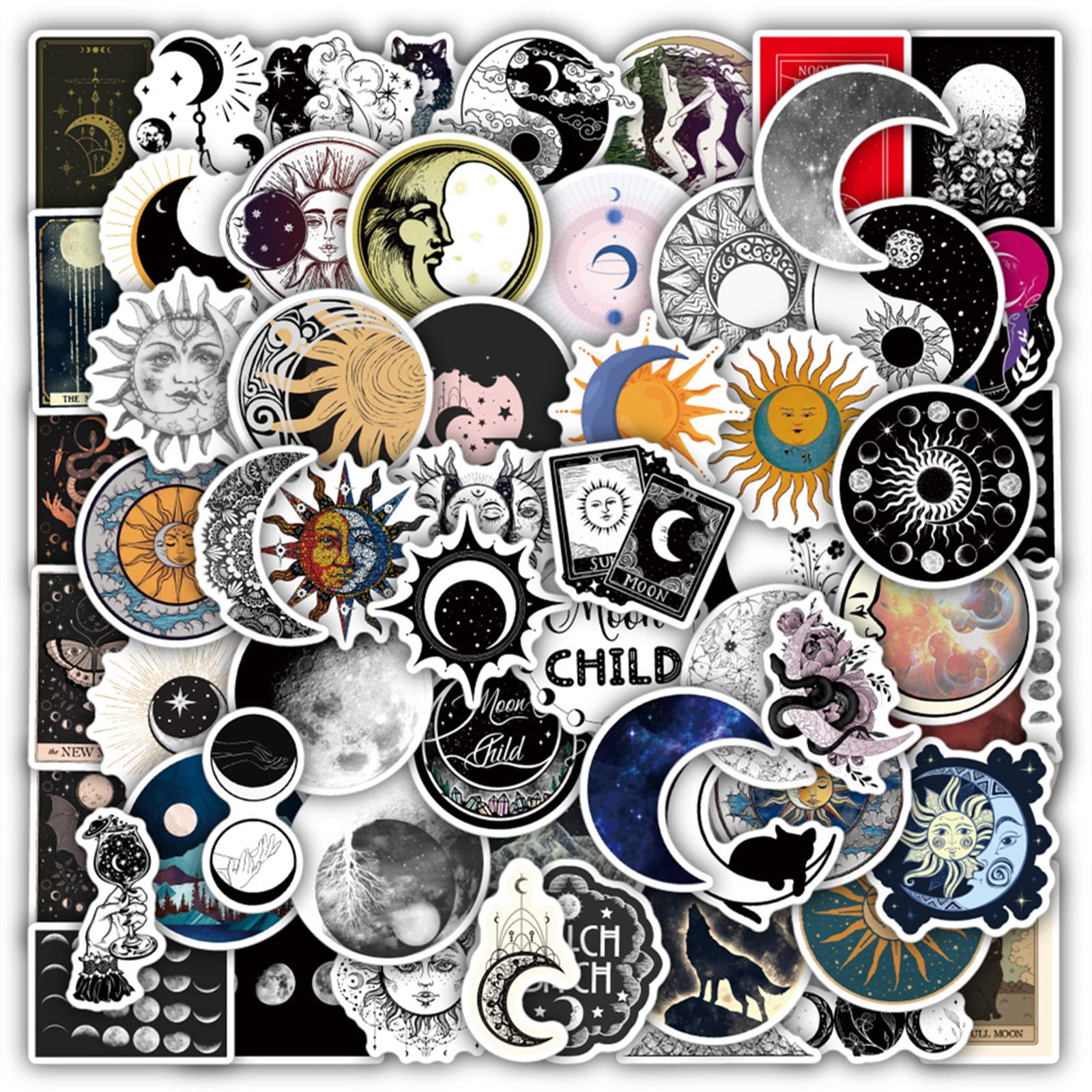 60 PCS Sun and Moon Planet Stickers,Black Aesthetic Astronomy Celestial Decals for Water Bottle Laptop Scrapbook Gift for Boys Girls Teens