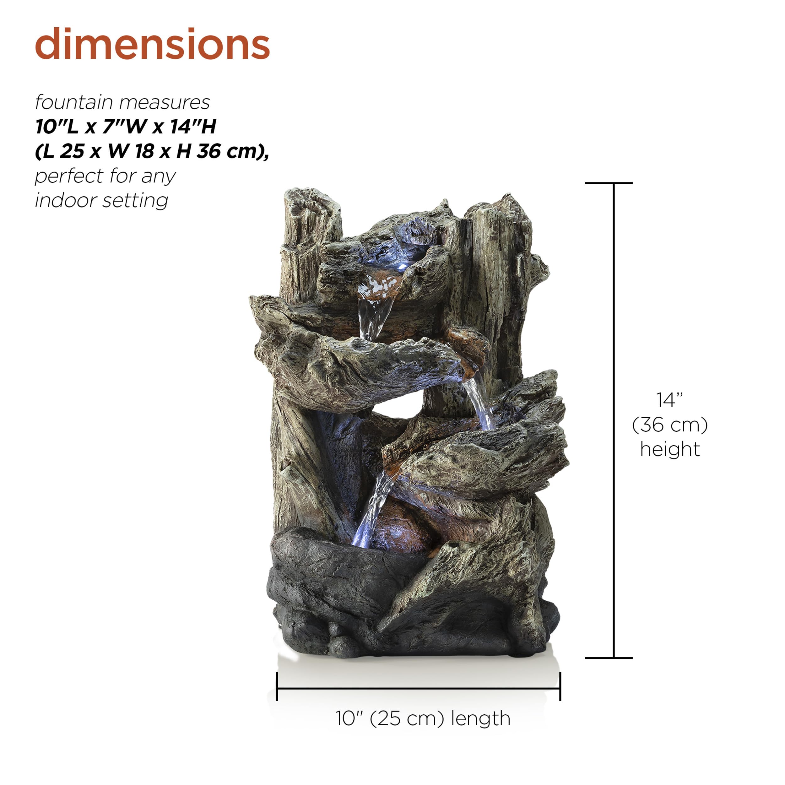 Alpine Corporation 14" Tall Indoor/Outdoor Tiered Log Tabletop Fountain with LED Lights, Beige