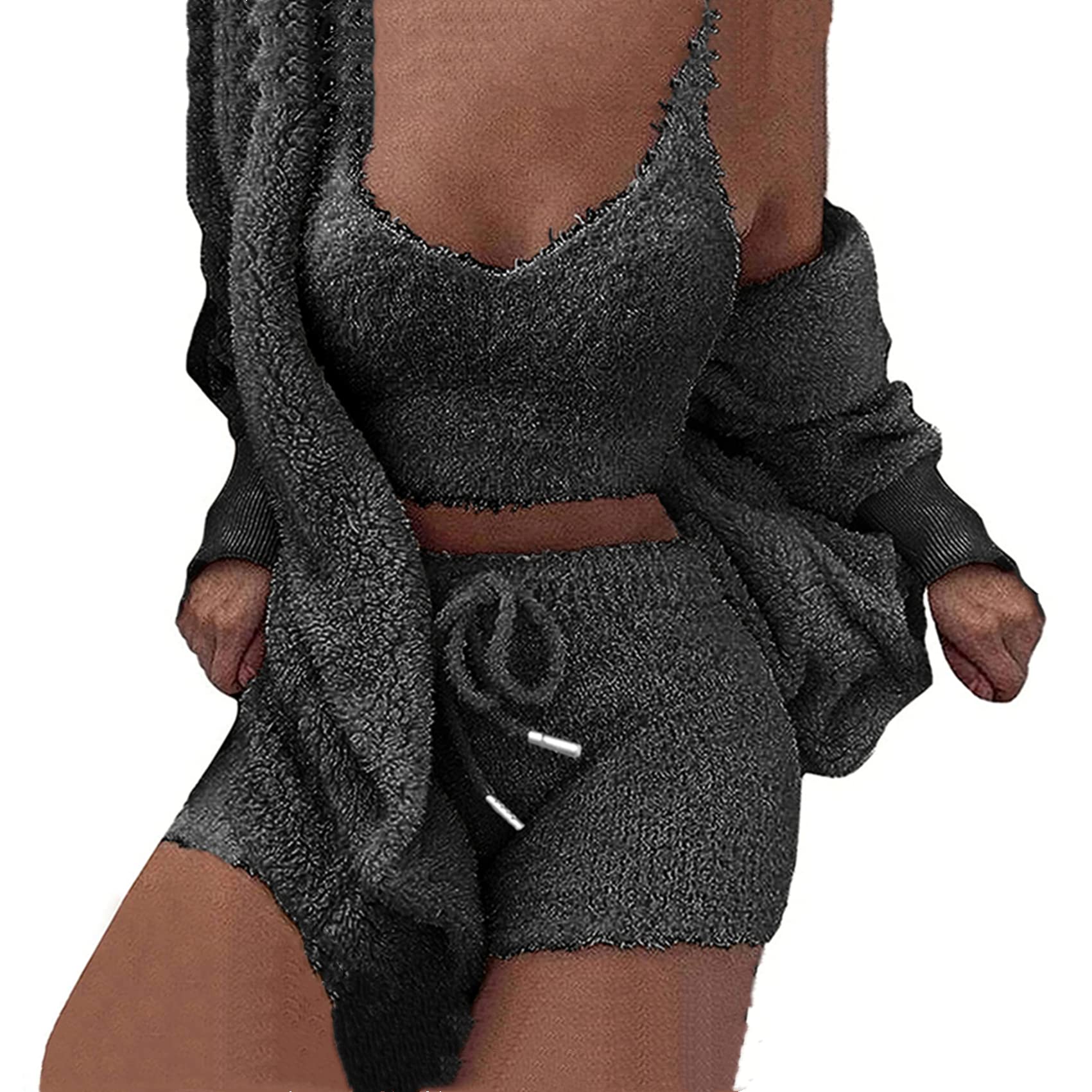 HRESSLBD Cozy 3 Piece Loungewear for Women, Fuzzy Shorts Sets for Women, Womens Fuzzy Fleece 3 Piece Pajama Set Tank Crop Tops Shorts Open Cardigan, Fluffy Crop Top and Shorts Set (Dark Gray, XL)
