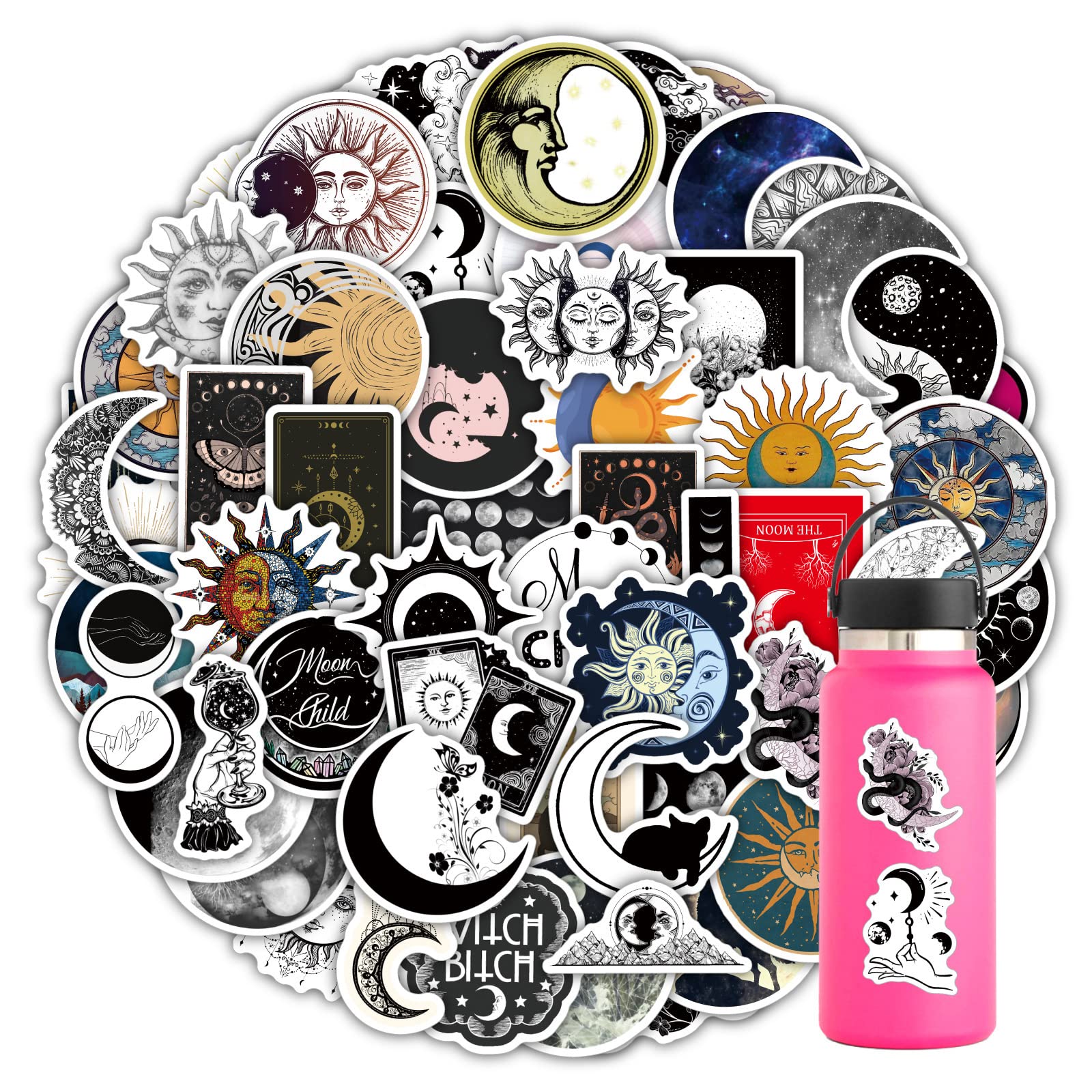 60 PCS Sun and Moon Planet Stickers,Black Aesthetic Astronomy Celestial Decals for Water Bottle Laptop Scrapbook Gift for Boys Girls Teens