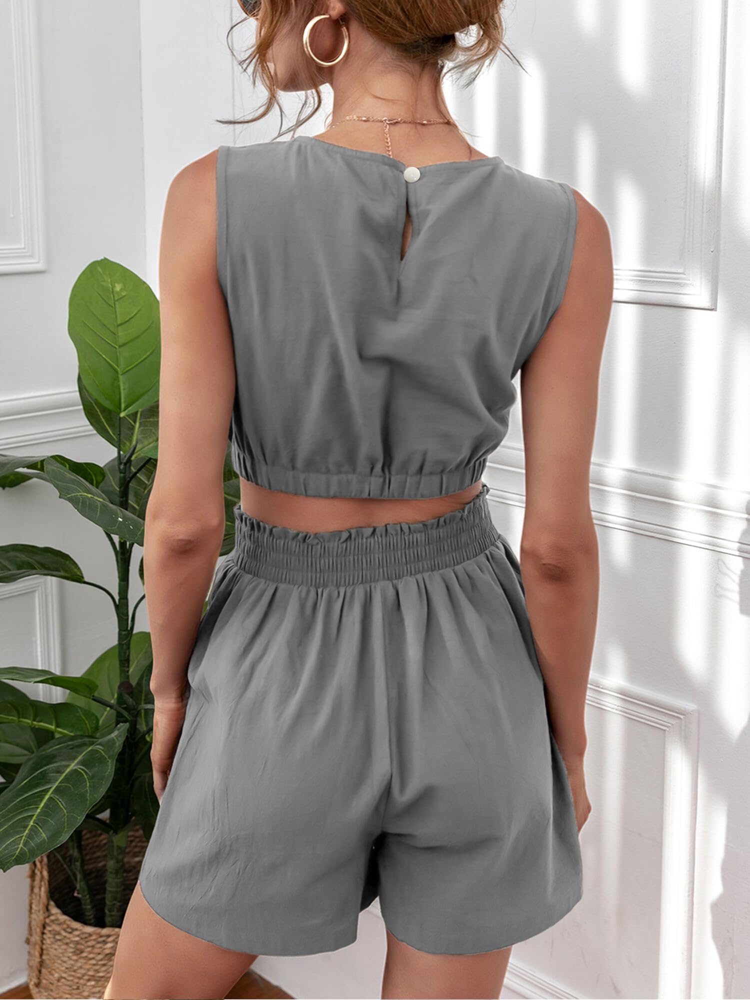 TAKEYAL Women's 2 Piece Outfits Round Neck Sleeveless Crop Tank Top and High Waist Pocketed Shorts Loose Summer 2pcs Short Sets (Grey, XL)