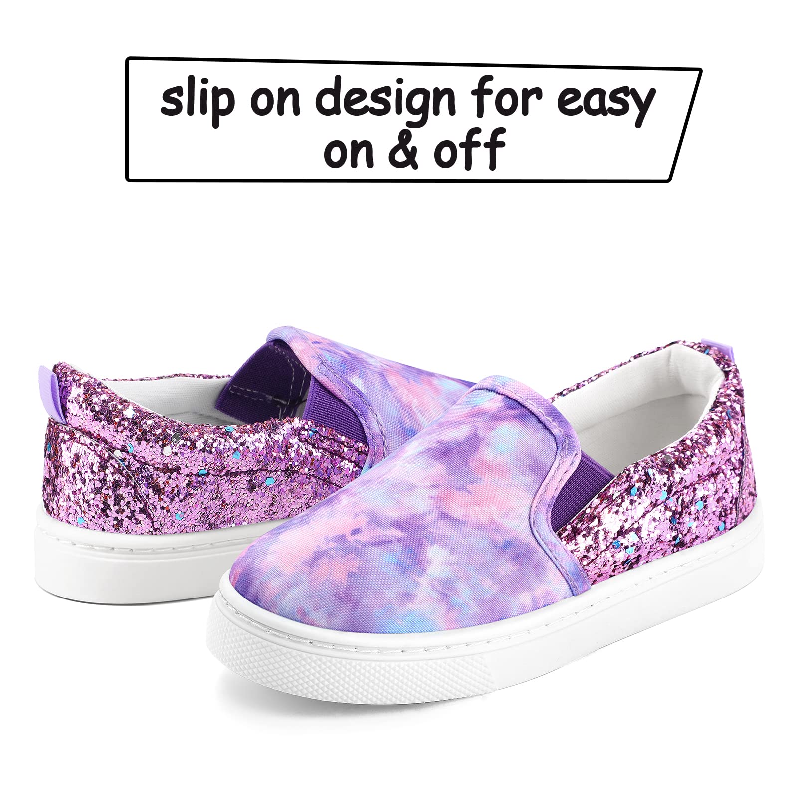 K KomForme Toddler Sneakers for Girls Boys Slip On Canvas Walking Shoes, Size 2 Big Kid, Purple Glitter
