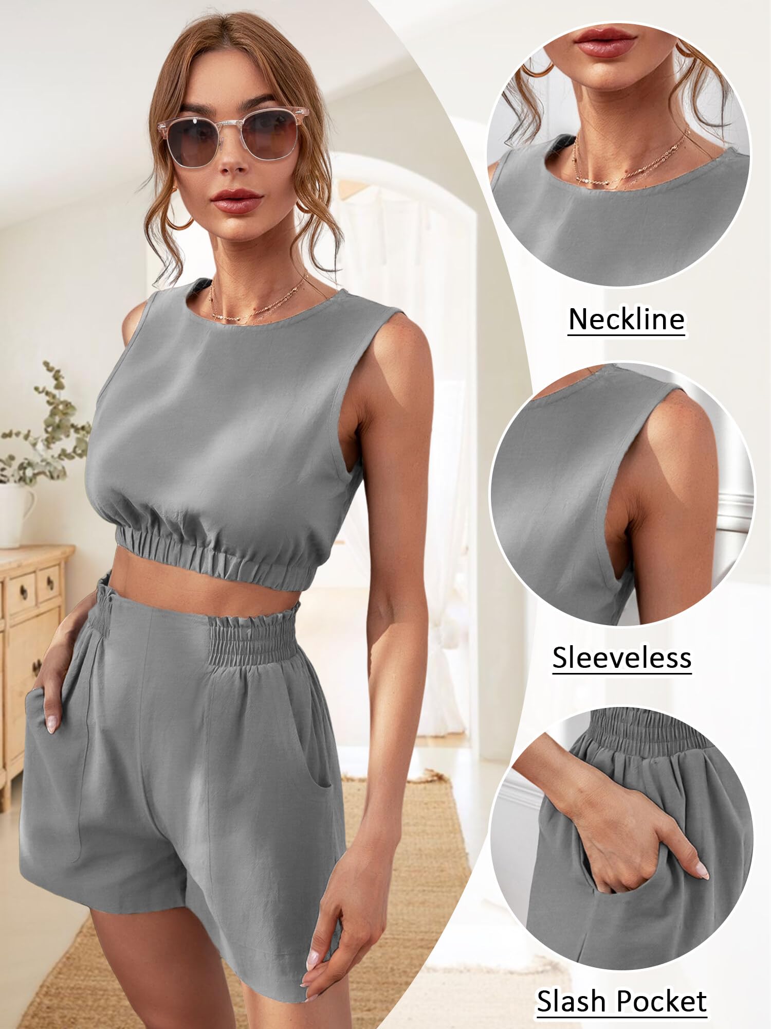TAKEYAL Women's 2 Piece Outfits Round Neck Sleeveless Crop Tank Top and High Waist Pocketed Shorts Loose Summer 2pcs Short Sets (Grey, XL)