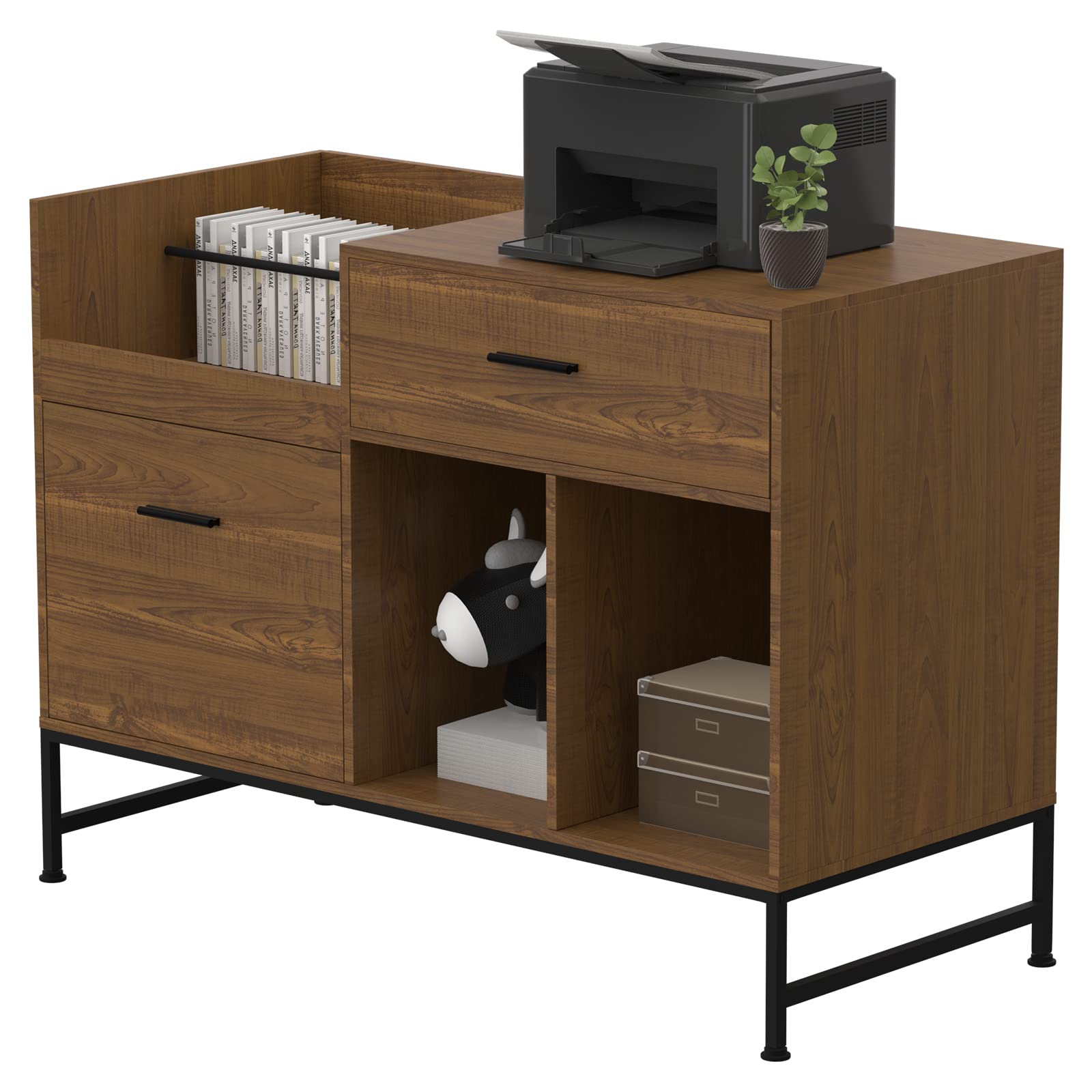 Visionwards Wood Filing Cabinet 2 Drawer, Lateral File Cabinet for Letter Size, Printer Stand with Open Storage Shelves, File cabinets for Home Office, Black/Rustic Brown