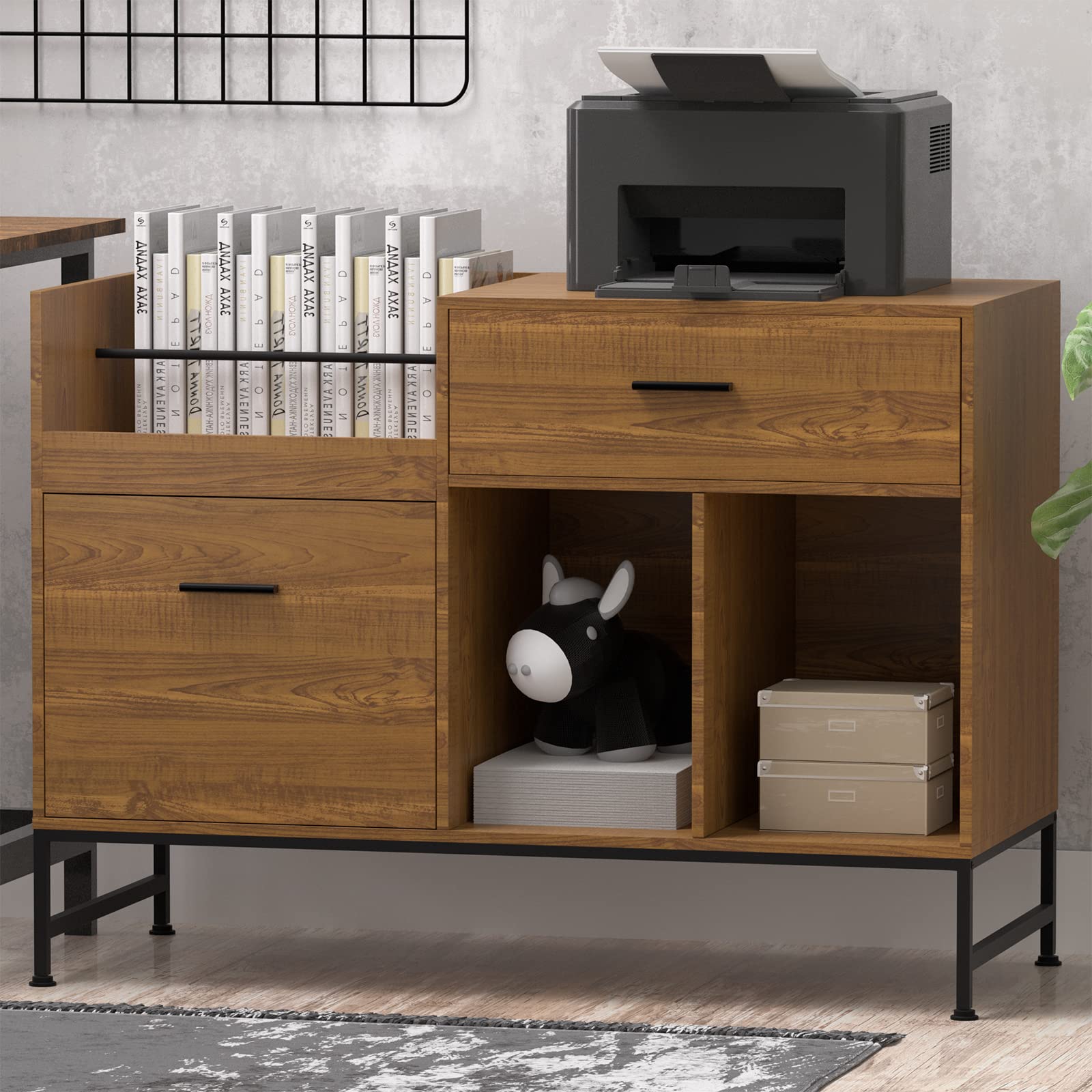 Visionwards Wood Filing Cabinet 2 Drawer, Lateral File Cabinet for Letter Size, Printer Stand with Open Storage Shelves, File cabinets for Home Office, Black/Rustic Brown