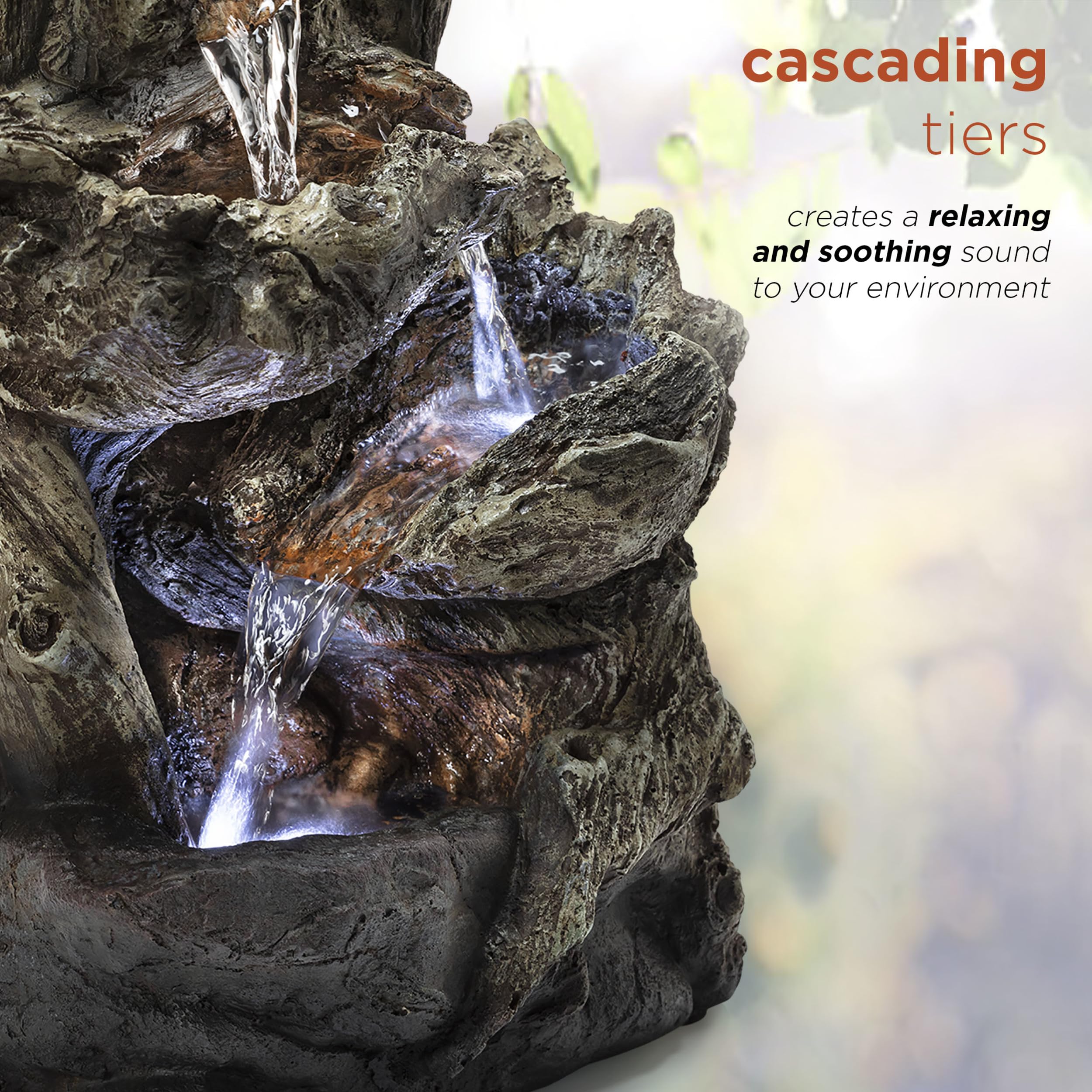 Alpine Corporation 14" Tall Indoor/Outdoor Tiered Log Tabletop Fountain with LED Lights, Beige